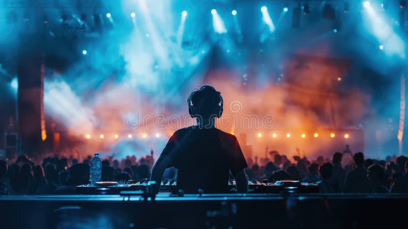 DJ Booth at a Music Festival with Synchronized Visuals Enhancing Stock ...