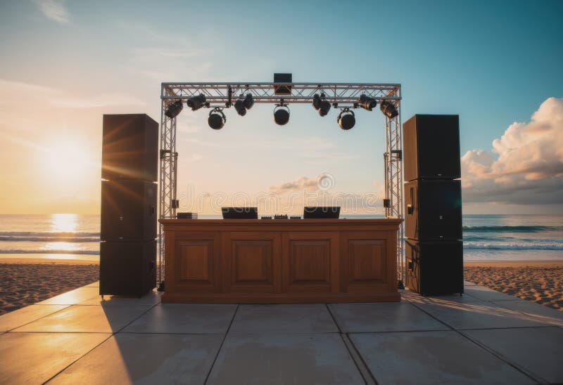 DJ Booth and Speaker Stack Set on a Beach Stage at Sunset Stock Image ...
