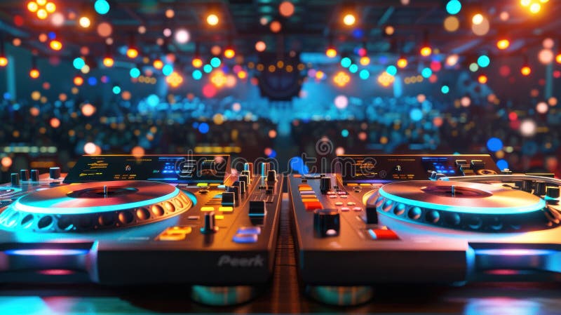 A DJ Booth with Turntables and Flashing Lights, Set Against a Backdrop ...