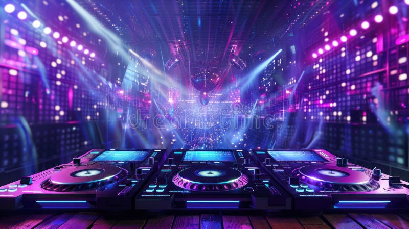 A DJ Booth with Turntables and Flashing Lights, Set Against a Backdrop ...