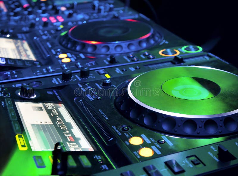 DJ CD player and mixer stock image. Image of lighting - 39923759