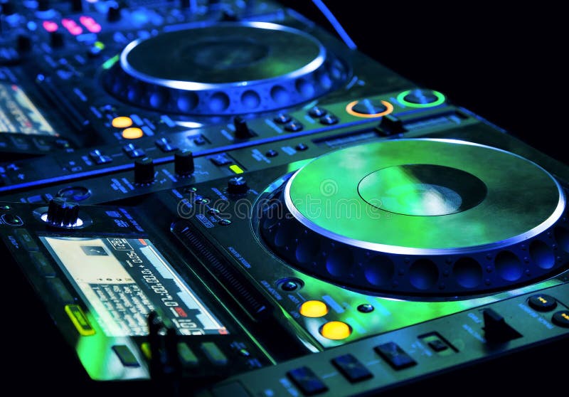 DJ CD player and mixer stock image. Image of green, party - 41055737