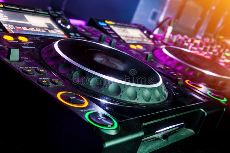 DJ CD player and mixer stock photo. Image of instrument - 56785416