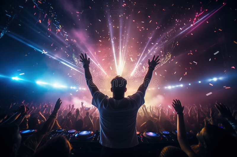 DJ at the Console with Bright Colored Lights in a Nightclub Stock Photo ...