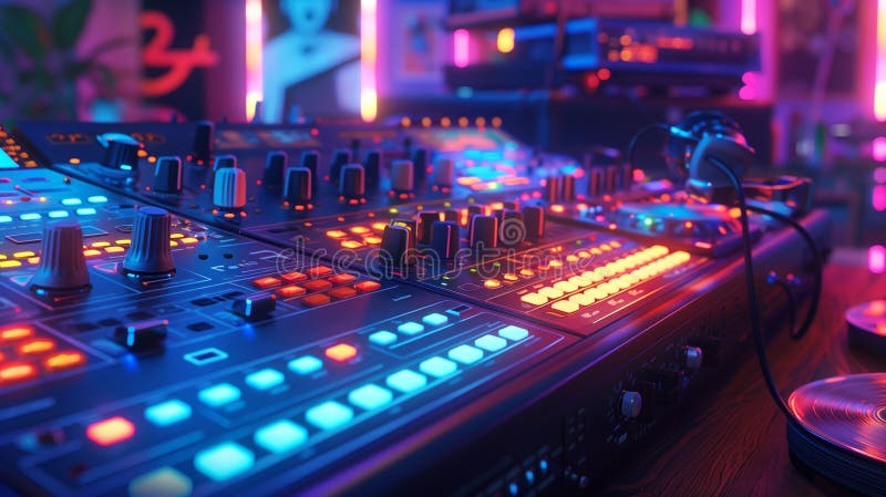 DJ Console with Neon Lights in Studio Stock Illustration - Illustration ...