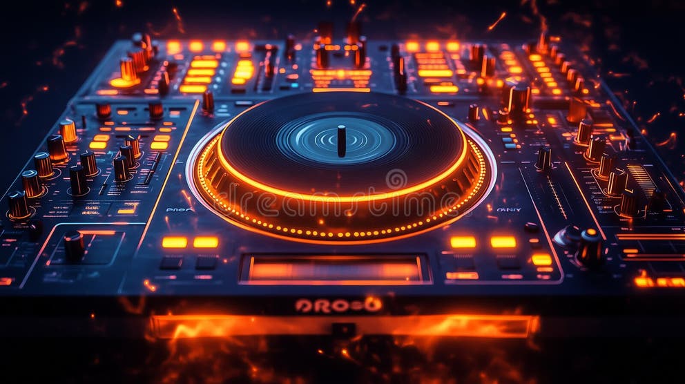 DJ Controller Illuminated with Glowing Orange Lights and Effects. Use ...