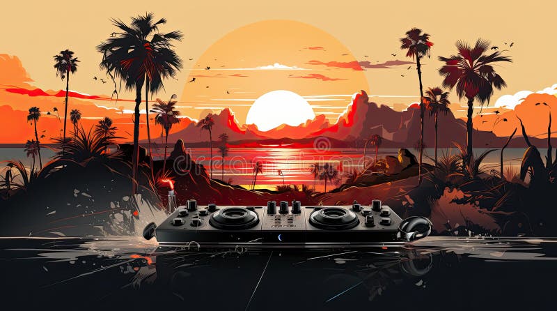 A Dj Deck in Front of a Sunset with Palm Trees. Generative AI Image ...