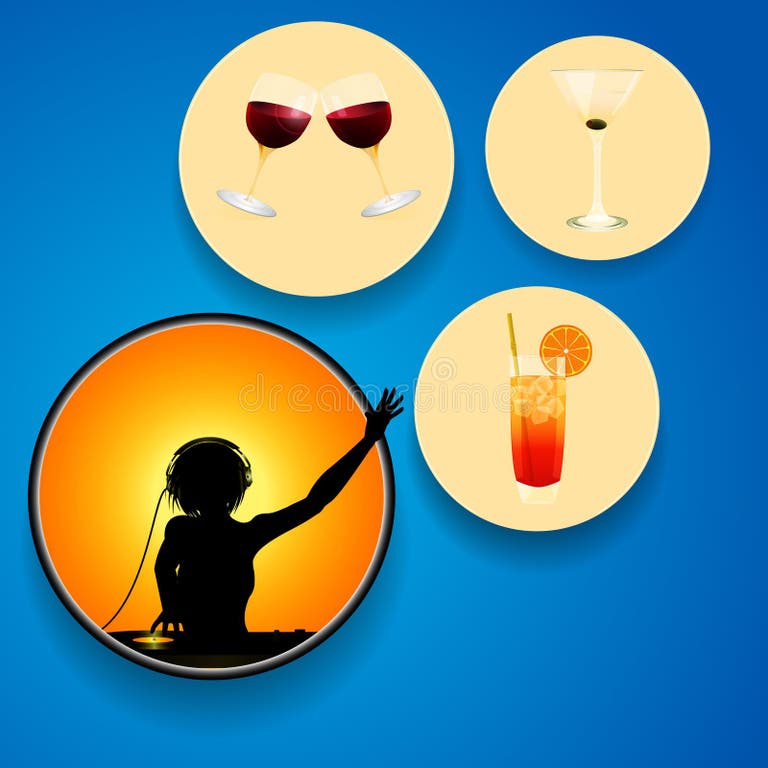 DJ and Drinks on Circles Over Blue Background Stock Illustration ...