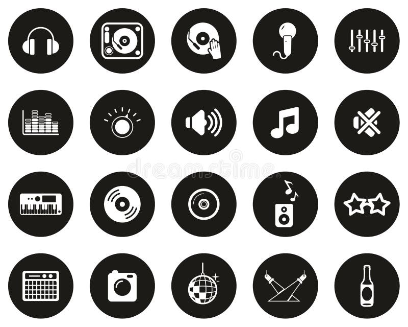 DJ & DJ Equipment Icons White on Black Flat Design Circle Set Big Stock ...