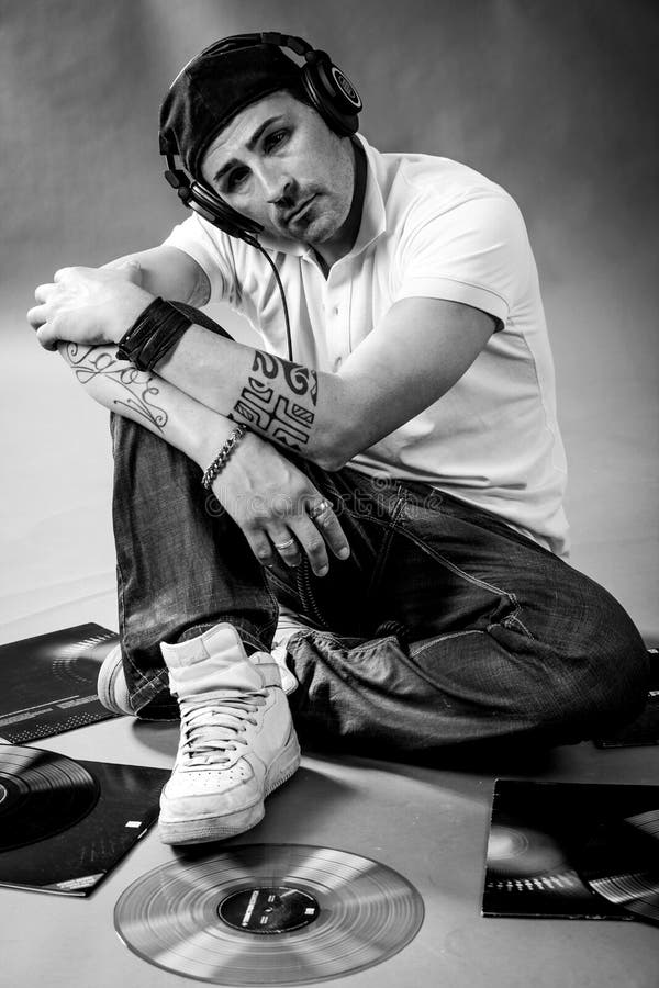 DJ on the Floor Black and White Stock Photo - Image of entertainer ...