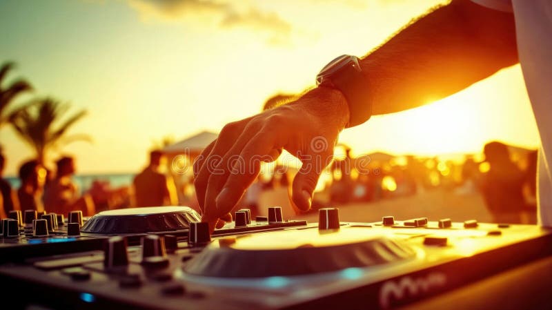 DJ Hand on Mixer at Sunset Party Stock Illustration - Illustration of ...