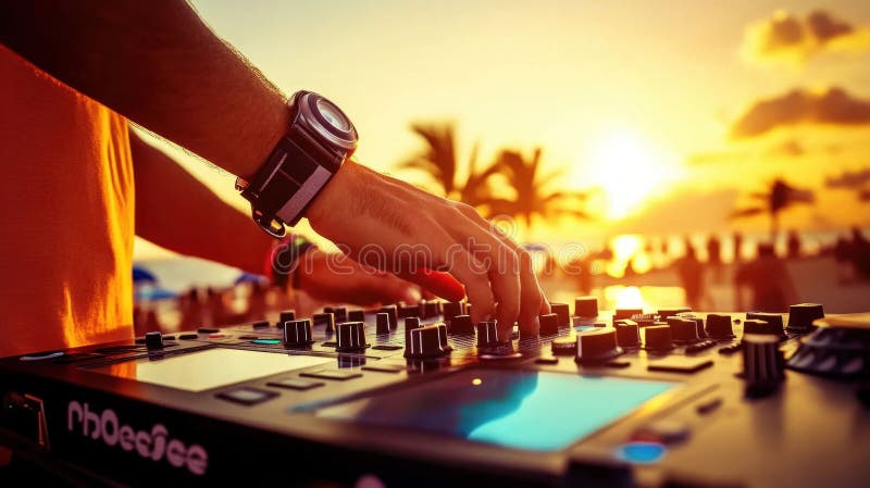 DJ Hand on Mixer at Sunset Party Stock Illustration - Illustration of ...