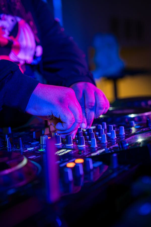 DJ Hands on a Mixing Board, Blue Lighting Stock Image - Image of ...
