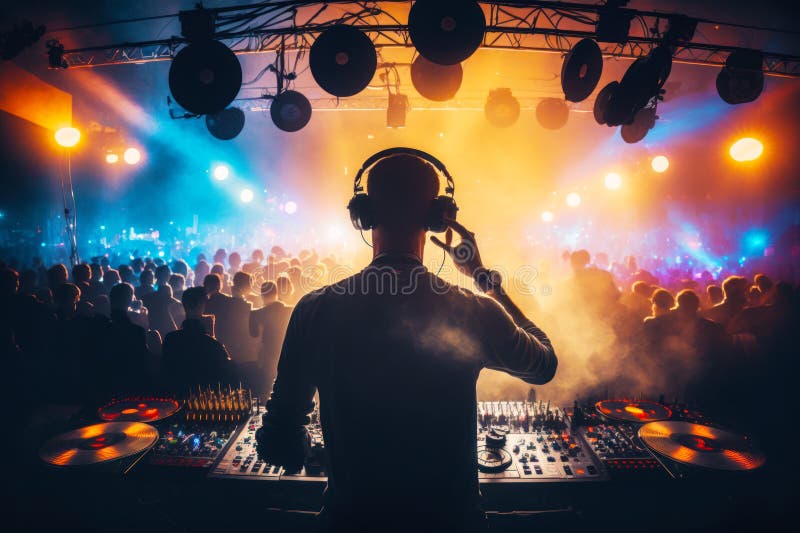 Dj in Headphones Standing in Front of Stage Full of People. Generative ...
