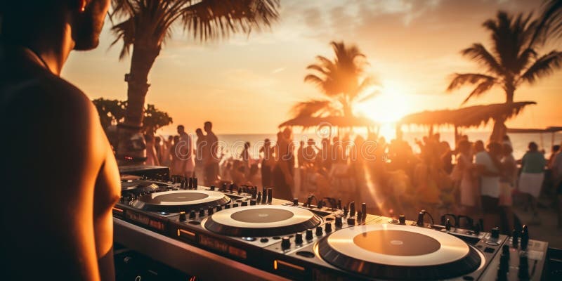 DJ Igniting the Beach Party at Sunset. Generative Ai Stock Illustration ...