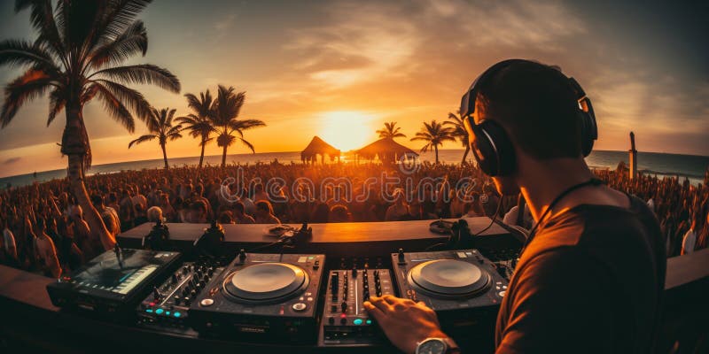 DJ Igniting the Beach Party at Sunset. Generative Ai Stock Illustration ...