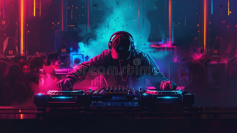 Dj Male in Action with Colorful Smoke Stock Illustration - Illustration ...