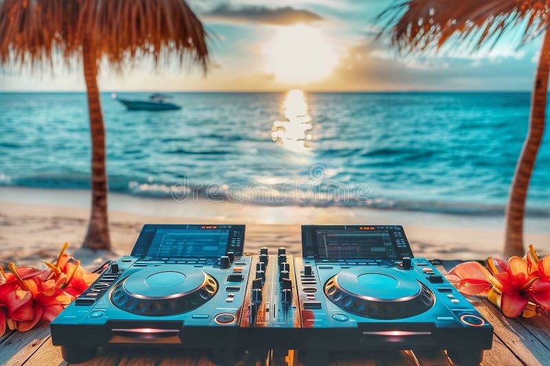 Dj Mixer on the Beach with Palm Tree and Sunset Background. Stock ...