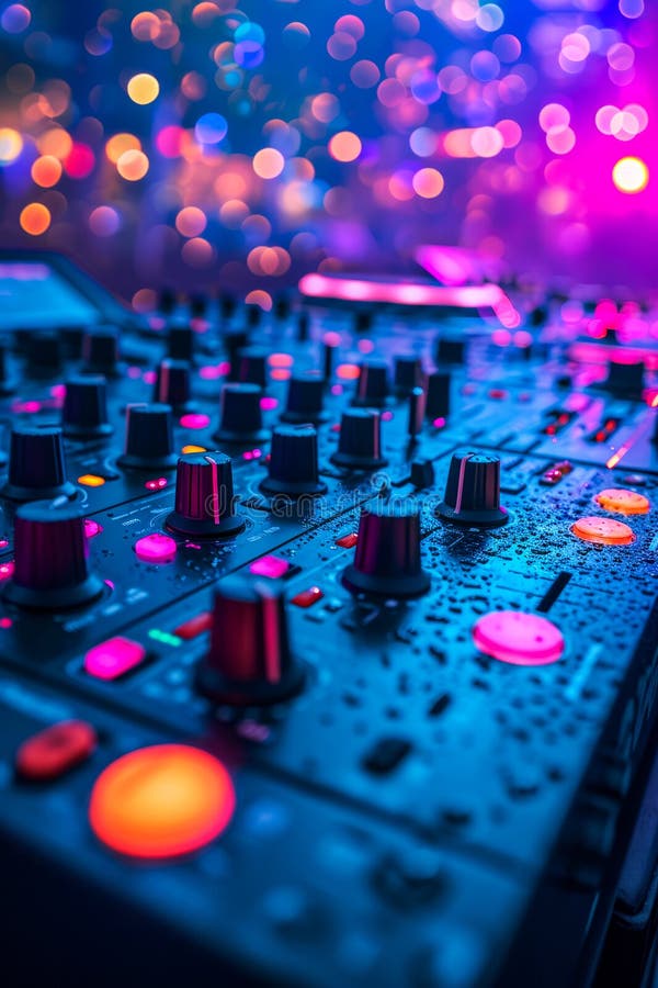 DJ Mixer Board with Many Different Colored Buttons and Knobs on it ...