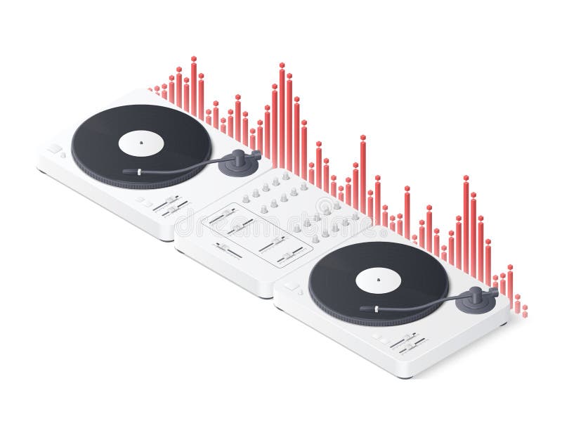DJ Mixer Panel, Turntables and Wave Equalizer Isolated on White ...