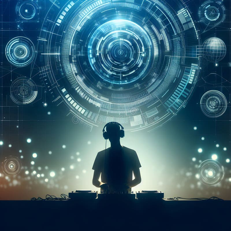 DJ Mixing Music in a Futuristic Digital Environment Stock Illustration ...
