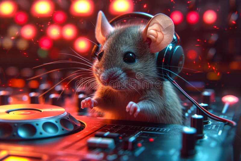 DJ Mouse at the Turntables. a Mouse Wearing Headphones and Sitting on a ...