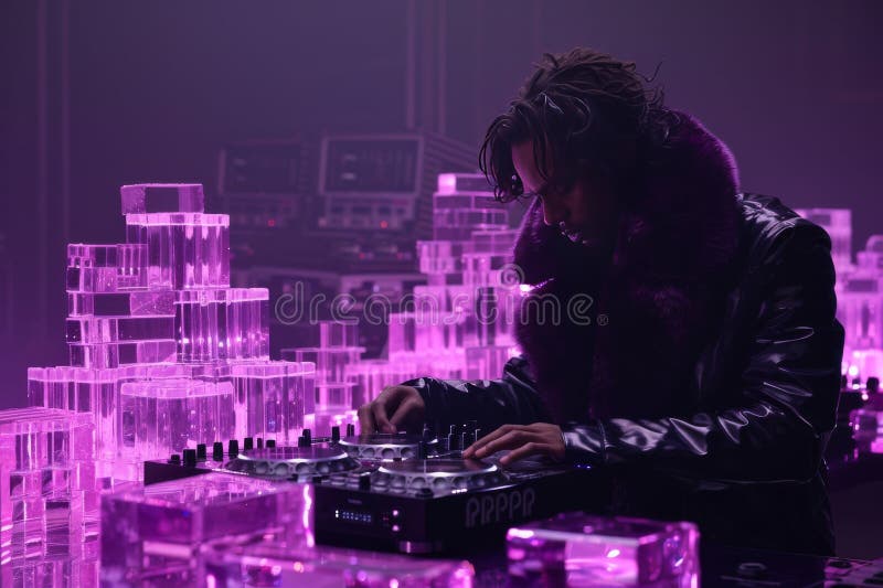 DJ in a Neon Lit Tech Setting, Blending Music and Technology in a ...