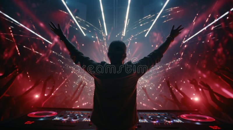 DJ in a Nightclub with Lasers and His Hands Up Stock Illustration ...
