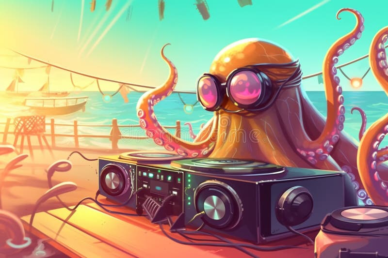 DJ Octopus. Generative ai stock illustration. Illustration of cartoon ...