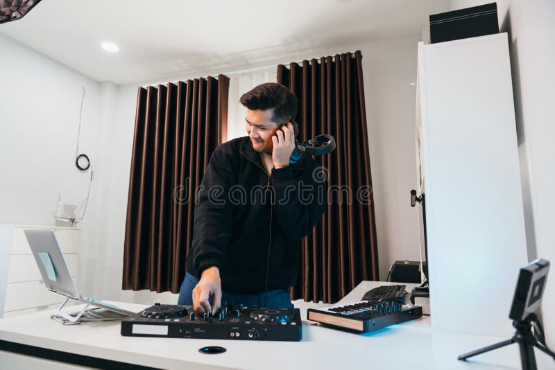 A DJ Operating a High-tech Mixer Console in a Vibrant Disco, Neon ...