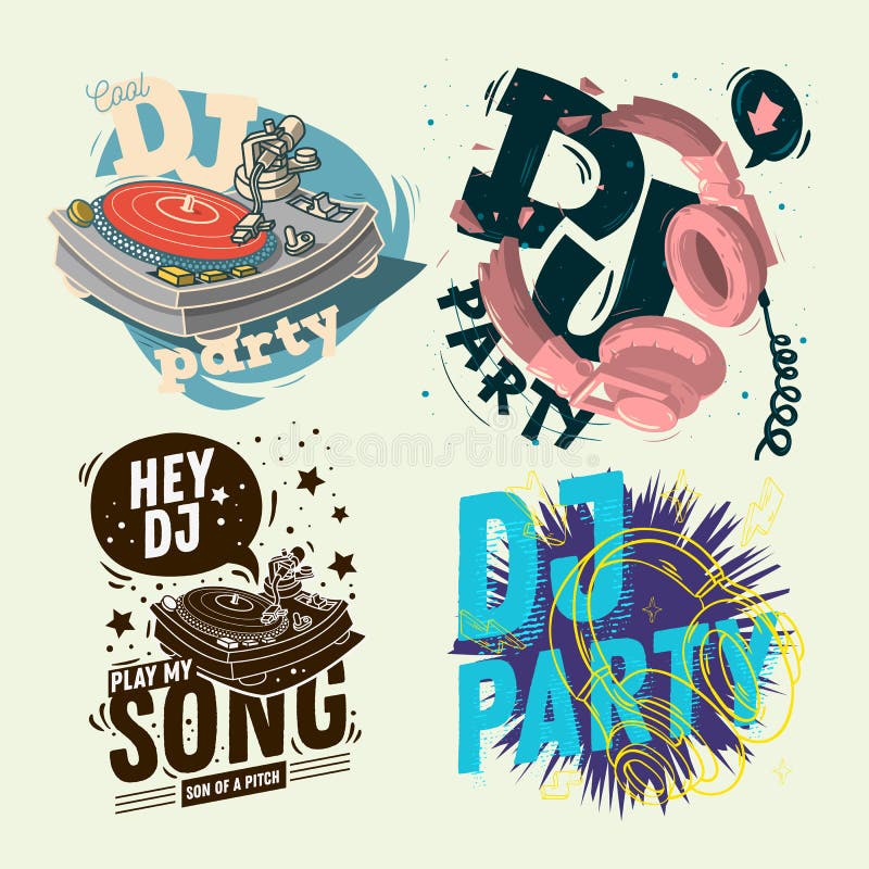 Dj Party Hand Lettering Vector Illustrations Set Designs. Stock Vector ...