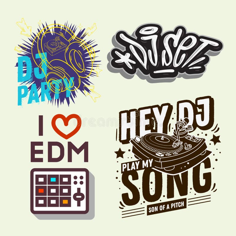 Dj Party Hand Lettering Vector Illustrations Set Designs. Stock Vector ...