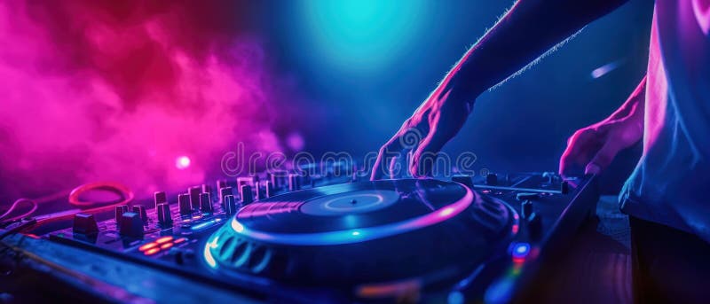 DJ Performing with Dynamic Light Effects and Turntables Stock ...
