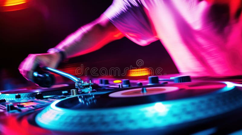 DJ Performing with Dynamic Light Effects and Turntables Stock ...