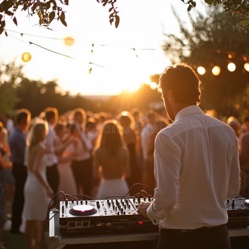 DJ Performing at a Sunset Outdoor Event with String Lights and People ...