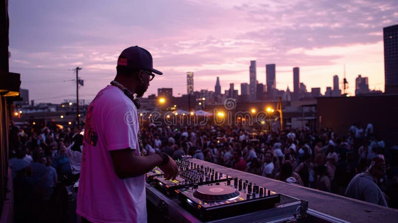 DJ Performing on a Vibrant Rooftop Venue with Crowd Stock Photo - Image ...
