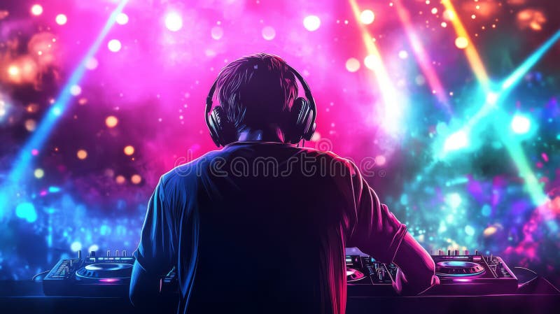 A DJ Performs at a Vibrant Concert, Bathed in Colorful Stage Lights ...