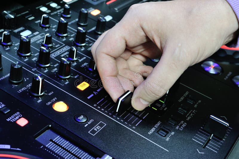 Dj Play on Audio Mixer Console Stock Image - Image of isolated, sleek ...