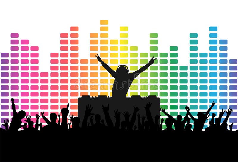 Dj Playing Music for Party People Cheering with Colorful Equalizer ...