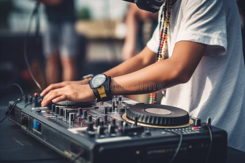 DJ Playing Music on Turntable in the Backyard of His House. Generative ...