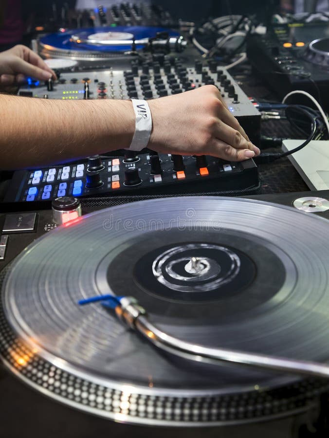 DJ Plays Set in Vinyl Player Stock Photo - Image of disco, evening ...