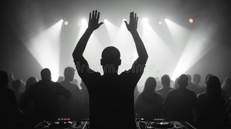DJ with Raised Hands Performing for Crowd Stock Illustration ...