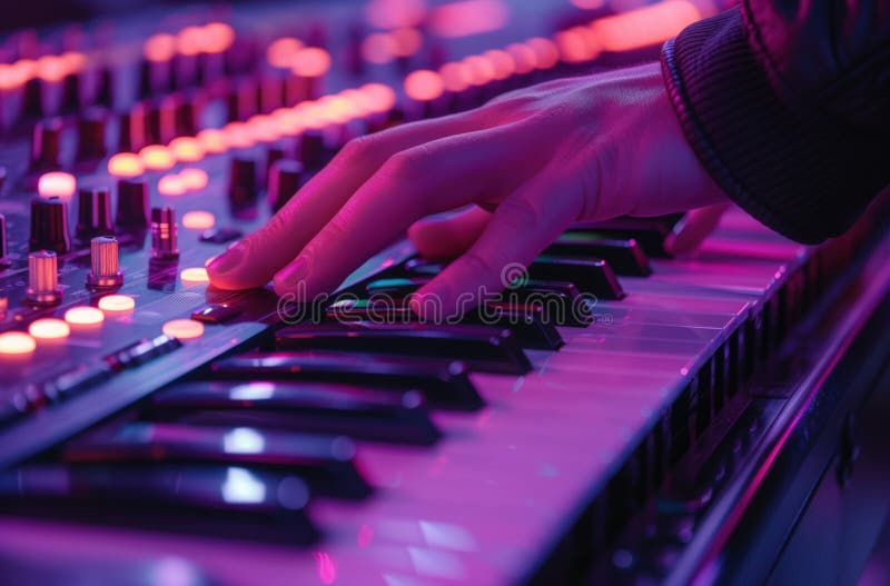 A Dj S Hands are Playing Synthesizer Stock Photo - Image of board ...