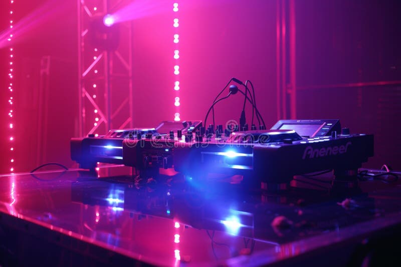 A DJ Set Up Emitting Vibrant Lights in Front of a Mesmerizing Purple ...