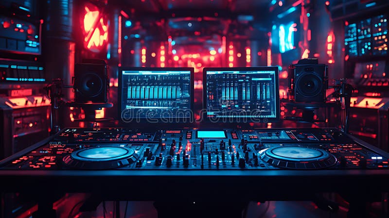 DJ Setup with Dual Monitors and Mixing Console in a Vibrant Nightclub ...