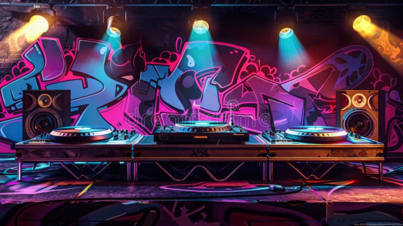 DJ Setup with Graffiti Wall Stock Image - Image of stage, equalizer ...