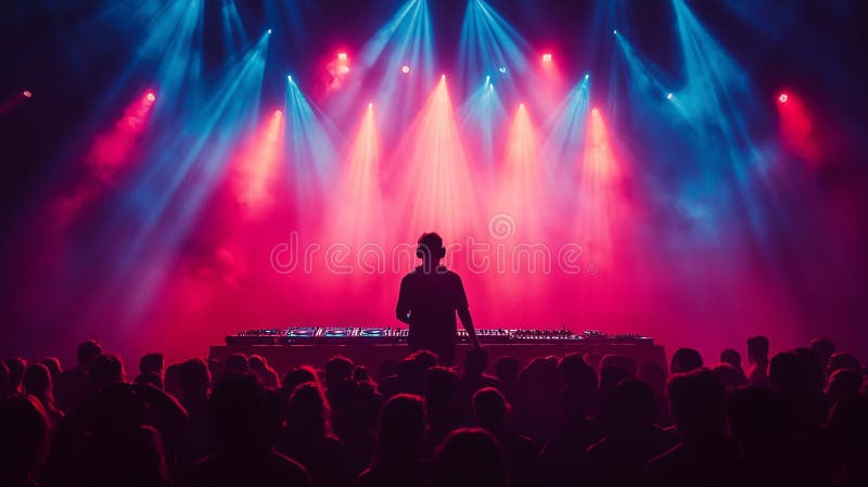 DJ Silhouette Performs on Stage with Bright Pink and Blue Lights Over ...