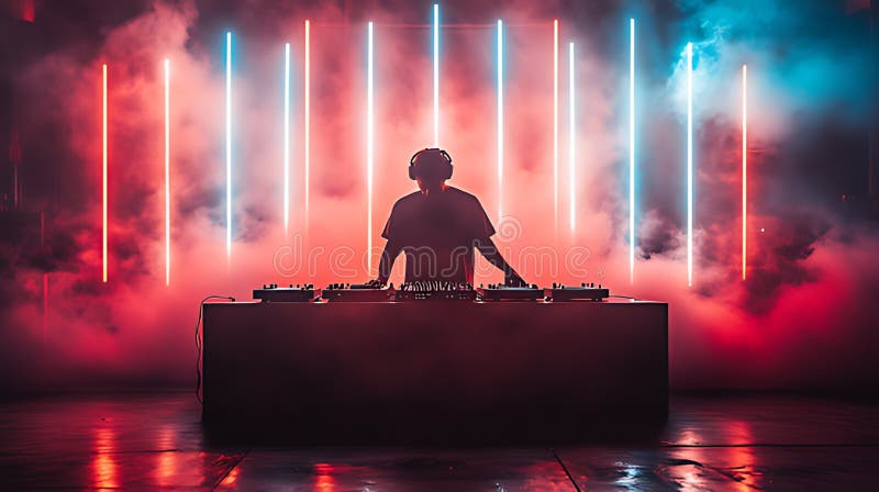 A DJ Stands Behind a Mixer in a Club, Lit by Neon Lights Stock ...