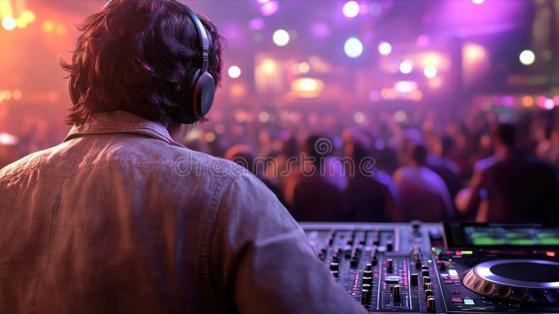 A DJ Stands Behind a Mixing Console, Performing Live in Front of a ...