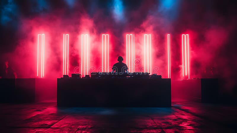 A DJ Stands in Front of a Stage with Neon Lights, Smoke, and Fog Stock ...